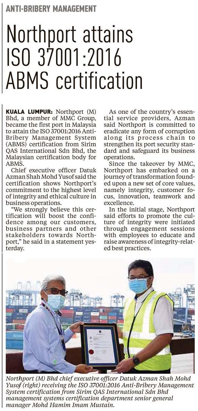 Northport attains ISO 37001:2016 ABMS Certification - MMC Port