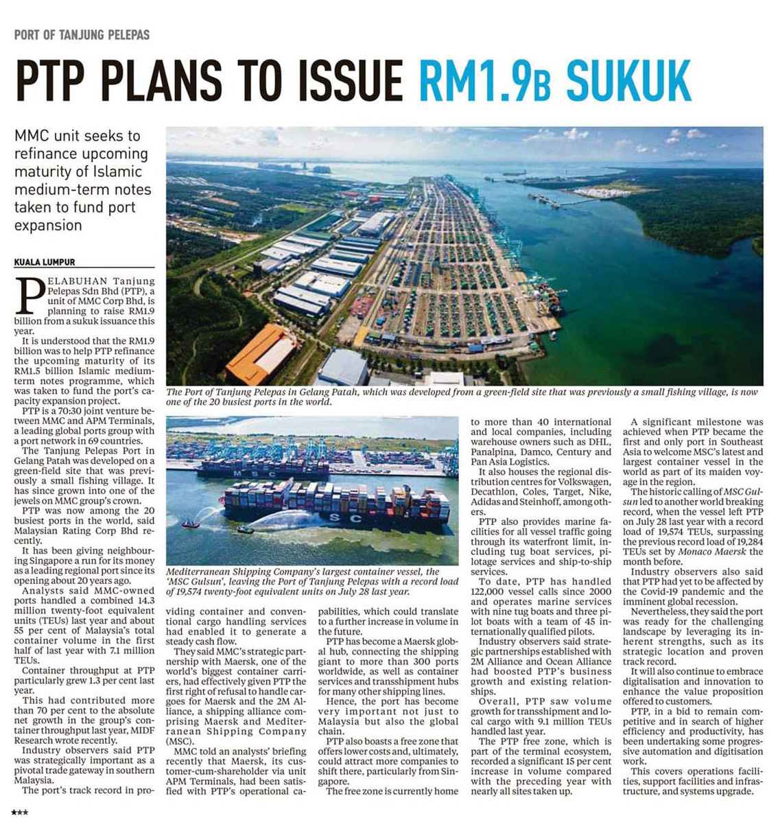 PTP PLANS TO ISSUE RM1.9B SUKUK - MMC Port