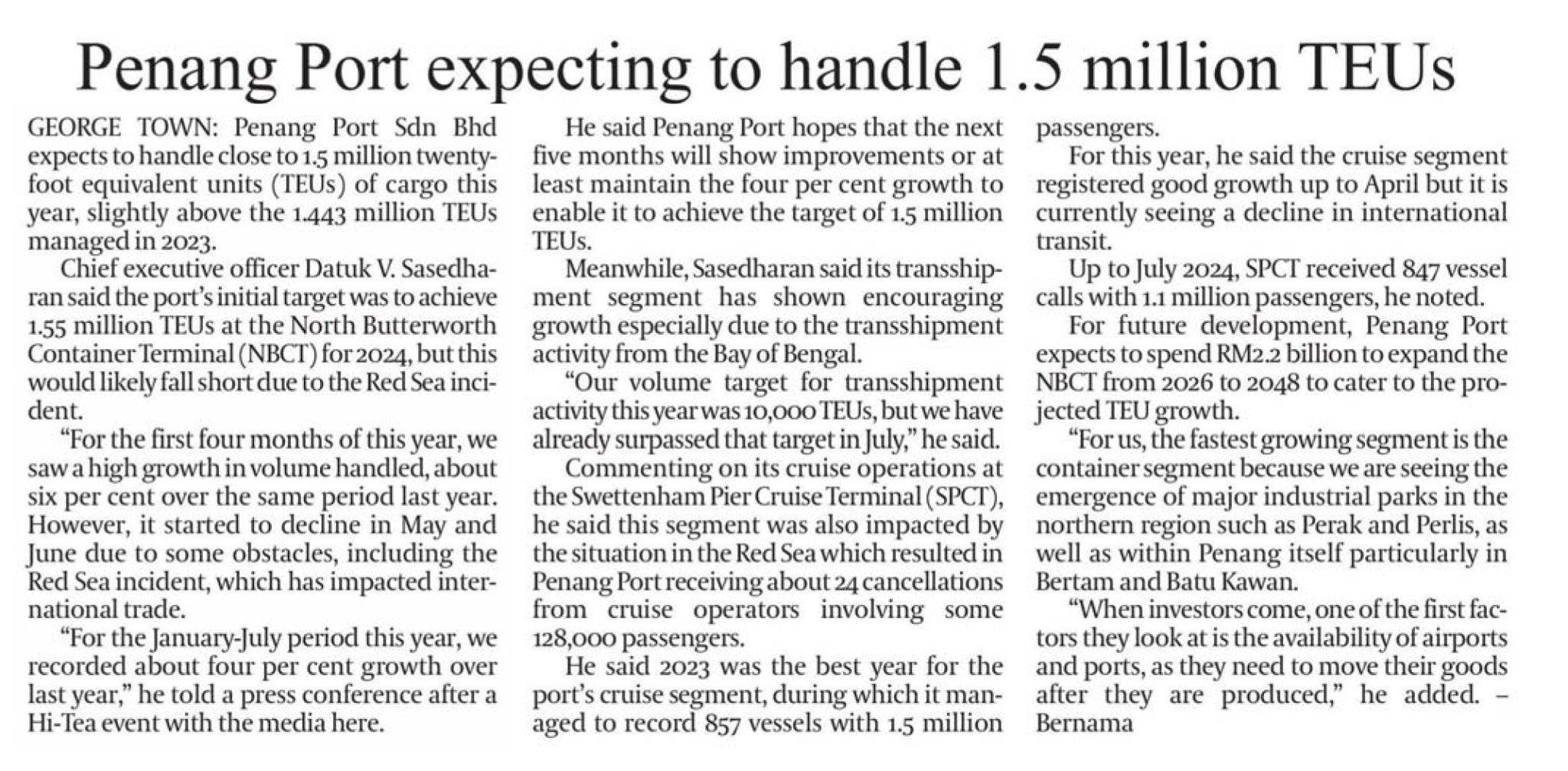 Penang Port Expecting to Handle 1.5 million TEUs - MMC Port