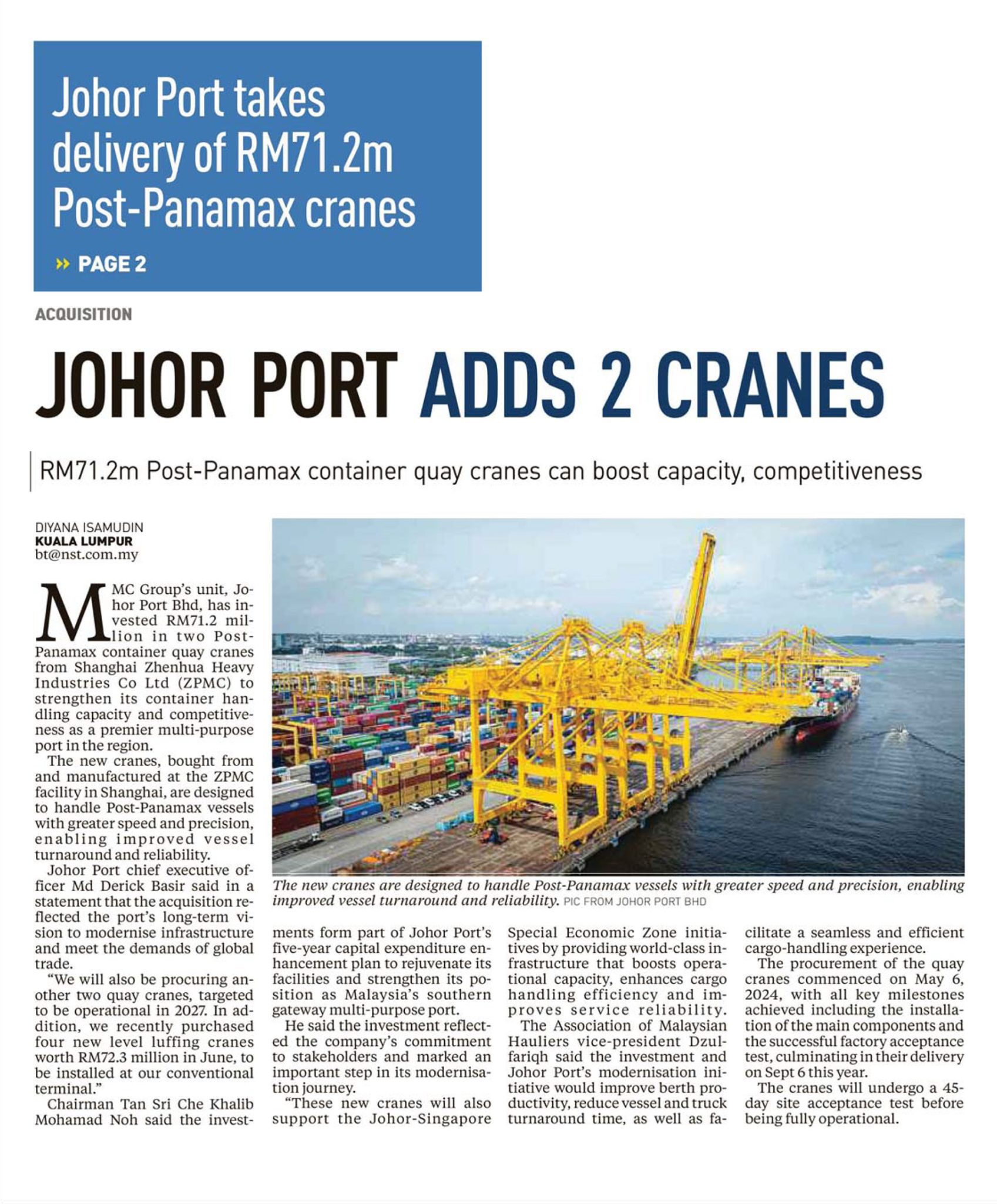 Johor Port Port Adds Cranes - MMC Port