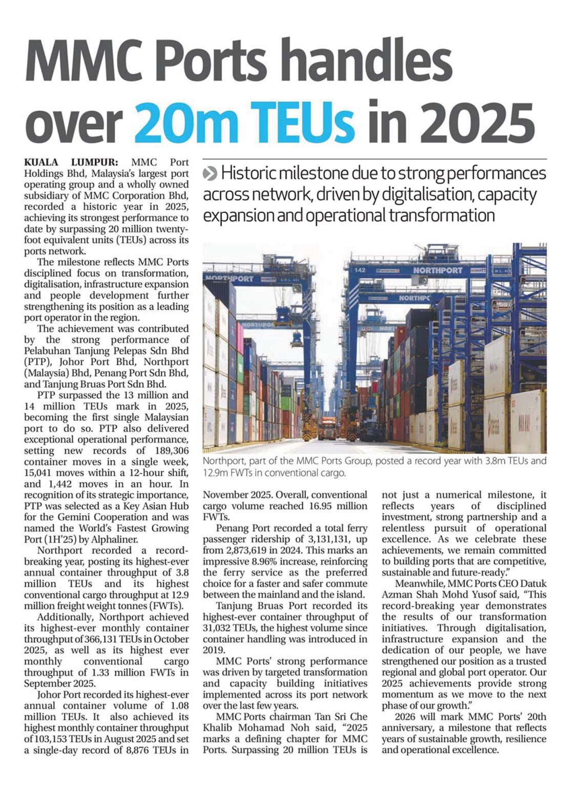 MMC Ports handles over 20m TEUs in 2025 - MMC Port